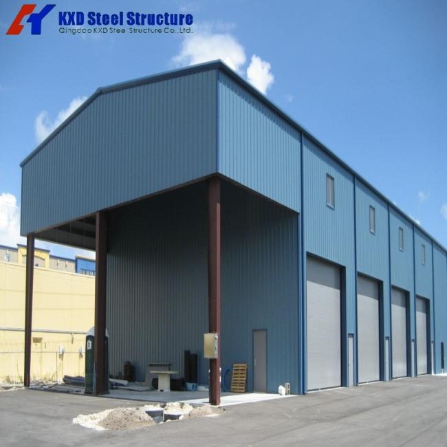 Exterior view of two-storey metal workshop with office