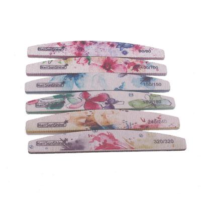 Cina Emery Paper Material Nail File Half Moon Shape Flat Cutting File Art Tools Nail File Double Nail Polish Printing Flower Design in vendita