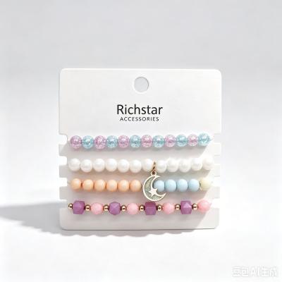 China Beaded Bracelet Set with Crescent Moon Charm – Multi-Layer Stackable Beaded Stretch Bracelets for Women & Girls for sale