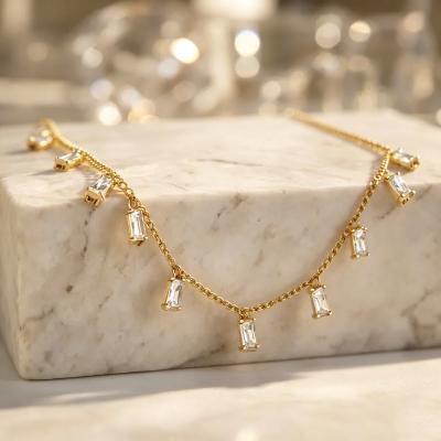 China 18K Gold Plated Stainless Steel Baguette Cubic Zirconia Charm Choker Necklace | Waterproof Hypoallergenic Wholesale Jewelry for sale