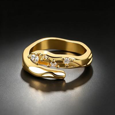 China Liquid Lava Irregular Gold Ring | Custom 18K Gold Plated Brass & Stainless Steel Fluid Wave Cubic Zirconia Statement Ring for Women for sale