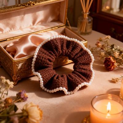 China Pearl Trim Knit Scrunchie – Elegant Fabric Hair Scrunchie for Women for sale
