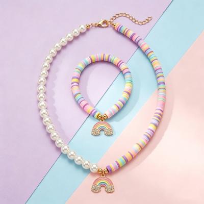 China Durable Party Childrens Jewellery Set - Lightweight Kids Pearl & Clay Bead Rainbow Necklace & Bracelet Set for sale