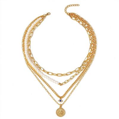 China 18K Gold Plated Multi-Layer Chain Necklace with Evil Eye & Coin Pendant | Wholesale Layered Jewelry for sale