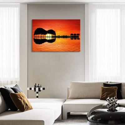 China Modern Abstract Guitar Tree Lake Sunset Art Canvas Painting With Wooden Frame for sale