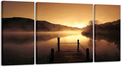 China Misty Lake 3 Piece Printed Painting Modern Stretched Framed Contemporary Giclee for sale