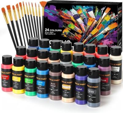 China 24 Colors 60ml Non Toxic Art Acrylic Paint Kit With 12 Brushes For Painting for sale