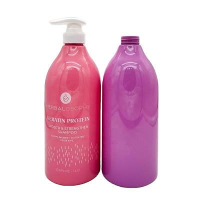 China 1000ml 1L Fancy Hair Shampoo and Conditioner Bottle Boston Round Pink Violet PET Lotion Plastic Empty Shower Gel Bottles for sale