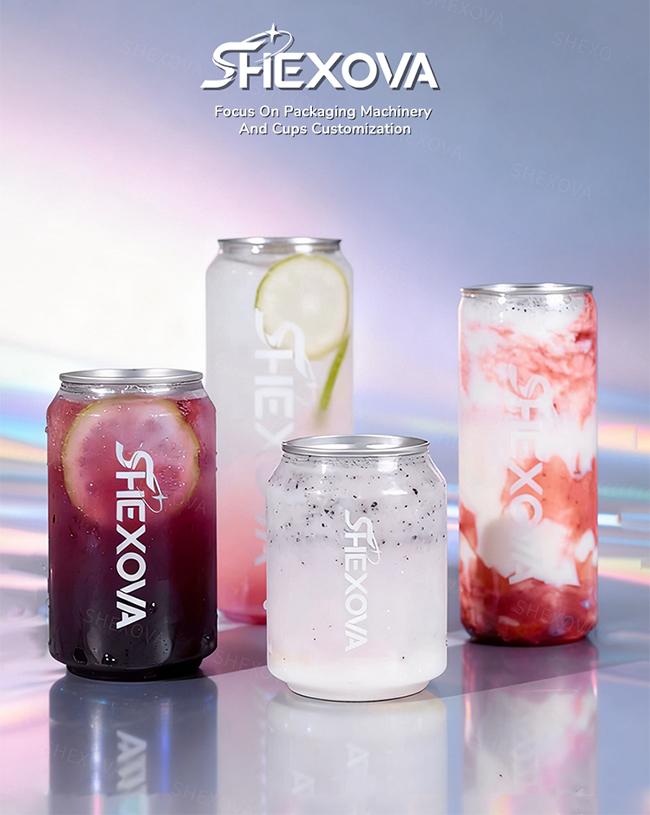 Custom transparent PET beverage can showing easy-open aluminum lid and clear plastic body