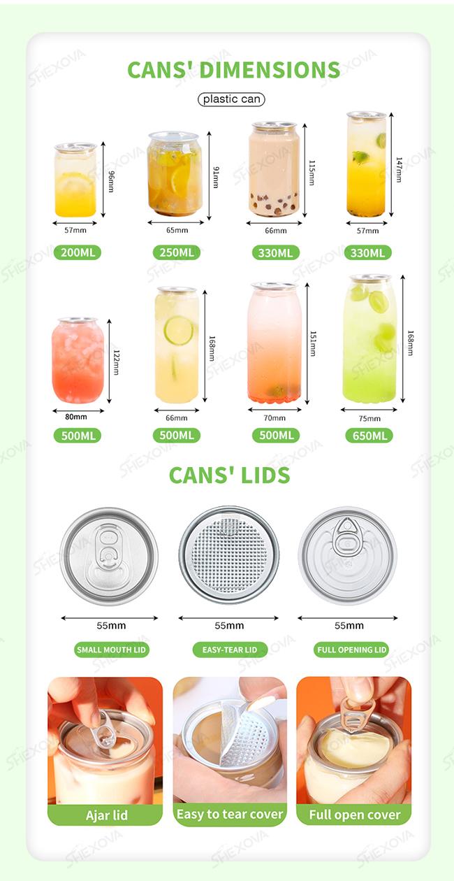 PET cans in various sizes and configurations for different beverage types