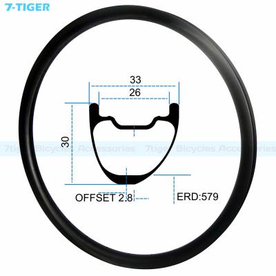 China 7-tiger carbon mountain bicycle wheel rim 29 er asymmetric offset XC bike 30 x 33 mm Tubeless Compatible for sale