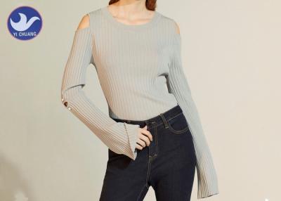 China Crew Neck Gray Off The Shoulder Sweater Off Elbow Ribbed Big Stretch Top Soft Touch for sale