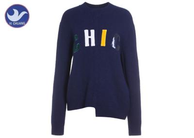 China Letters Fabric Patch Embroidery Womens Knit Pullover Sweater Irregular Welt Jumper for sale