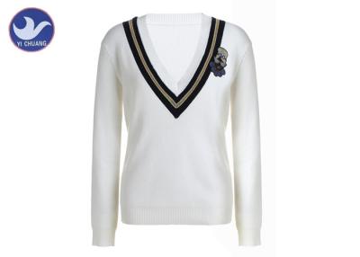 China Deep V Stripes Neck Womens Knit Pullover Sweater Cartoon Embroidered Patch College Style for sale