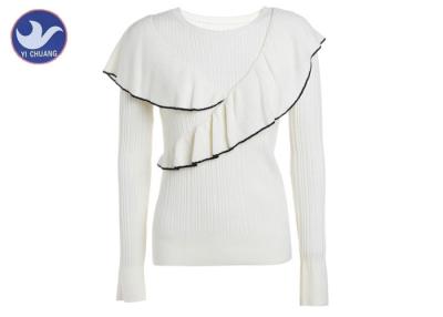 China Cross Flouncing Womens Knit Pullover Sweater Crew Neck Constrast Color Edge for sale