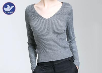 China Ribbed Womens Knit Pullover Sweater V Neck Tight Fit Lady Knitwear for sale