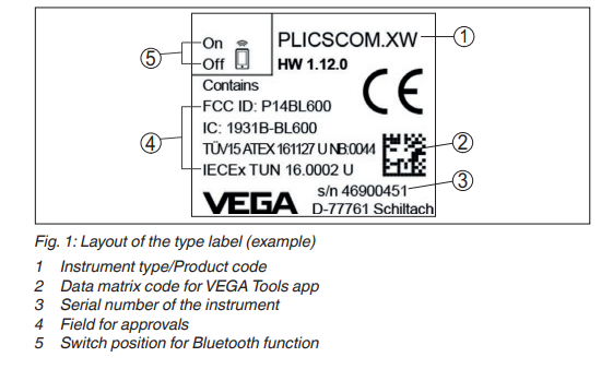 VEGA PLICSCOM type label showing product identification information