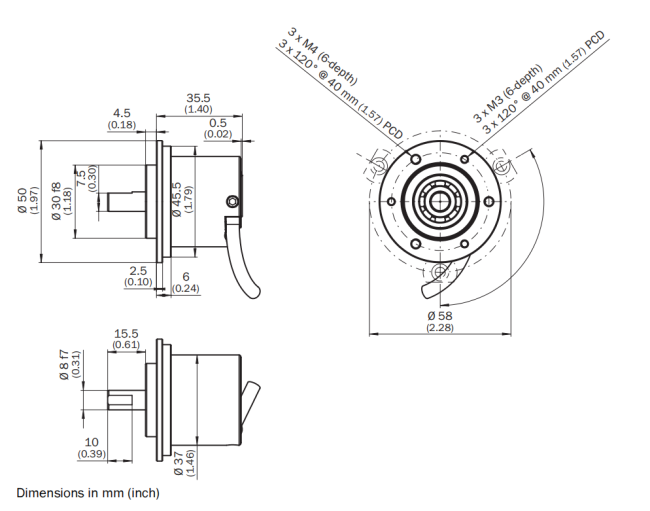 Dimensional drawing of SICK INCREMENTAL ENCODERS DBS50E-S5CK01000 face mount flange
