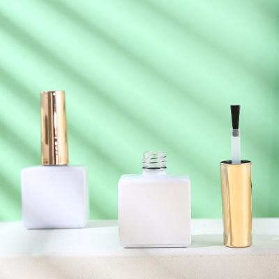 China OEM Custom Logo Design Unique Square White Color Uv Gel Containers Glass Empty Nail Polish Bottles with Brush Chrome Golden Cap for sale