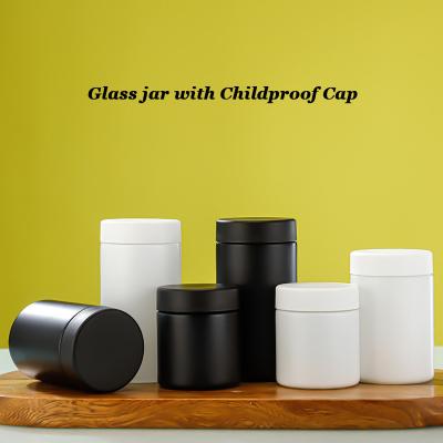 China Logo/Graphic Design Borosilicate Glass Round Storage Jars with Childproof Cap in Black Matte and White Matte for sale