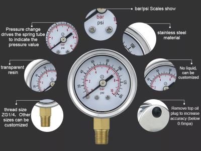 China 1.5 Zoll 40bar/psi Edelstahlgehäuse Messingverbindung Trockendruckmessgerät Manometer zu verkaufen