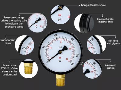 China Medidor de pressão seco de 100 mm NPT1/2 com concha de ferro e conector de cobre Precisão 1,6% à venda