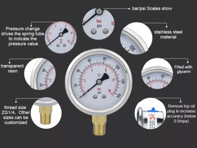 Cina YN100 High Accuracy Glycerine Pressure Gauge in 4 Inch Size with Customizable Options in vendita