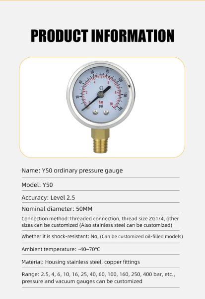 Quality Zhejiang Produced 50mm Pressure Gauge with NPT1/4 Brass Thread and ZG1/8 for sale