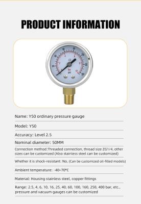 China 50 mm roestvrij staal behuizing Messing verbinding Water olie Droog vacuüm Hydraulische drukmeters Te koop