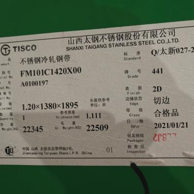 중국 1.4509 스테인레스 강판  441 등급 2D는 이녹스 시트를 완성합니다 판매용