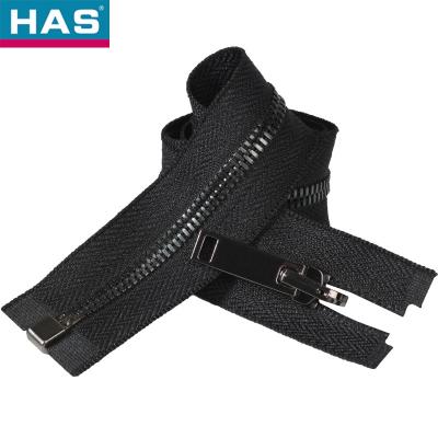 China Zíper para roupa com puxador personalizável tipo 5, dentes duplos de metal e extremidade em cobre envelhecido brilhante à venda