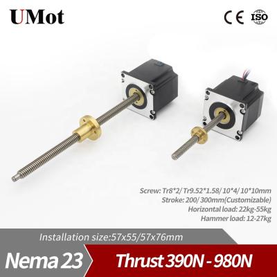 中国 1300m.Nm 保持トルク Umot 57mm Nema 23 T8/T5/T10リードスクリュー付き線形ステップモーター 販売のため