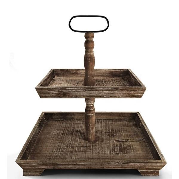 Quality Customization Farmhouse Wooden 2 Tier Tray Stand for Serving Food Fruits Cupcakes Square Tier at Restaurant Home Cake for sale