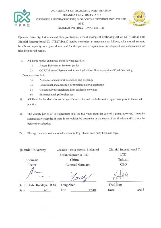 Certificate of academic cooperation with Djuanda University - Zhongke Runxin (Suzhou) Biotechnology Co., Ltd