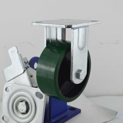 China Industrial 880LBS Cast Iron PU Fixed Casters 5 Inch Green Polyurethane Rigid Wheels for sale