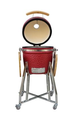 Cina Griglia Kamado da 15 pollici in ceramica in acciaio inossidabile colore rosso 39 cm con carrello e tavolini in vendita
