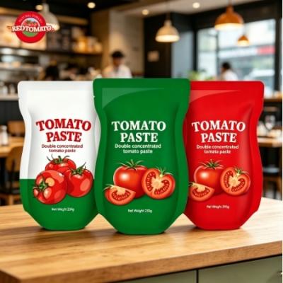 China 210g Stand-Up Sachet Tomato Paste with ISO HACCP BRC FDA Standards in Convenient Stand-Up Pouch for sale