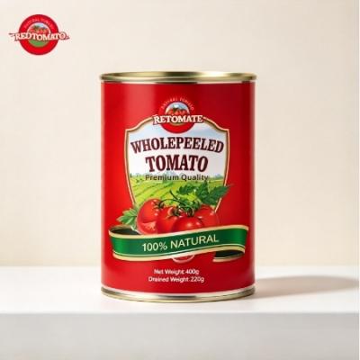 China 400g Whole Peeled Tomatoes Basil Leaf Tin Can Mediterranean Retail Export Supply for sale