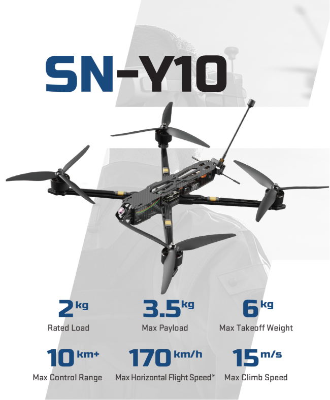 10-inch FPV Racing Drone front view showing digital lens and aerodynamic design