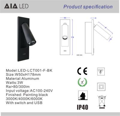 China 3W USB interior llevó la luz de la pared del cabecero de la lámpara de lectura de la cama que leía la lámpara de pared para los proyectos del hotel en venta