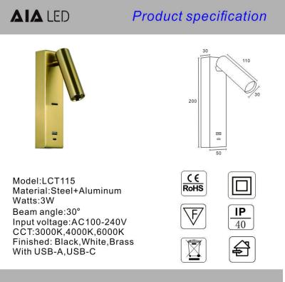 China Reading wall lighting bedside led wall lamp double USB-A type-C for villa hotel headboard wall light bracket light for sale
