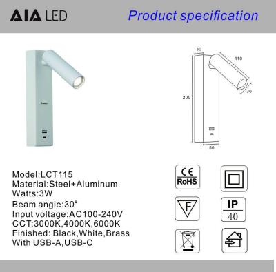 China Reading wall lighting bedside led wall lamp double USB-A type-C for villa hotel headboard wall light bracket light for sale