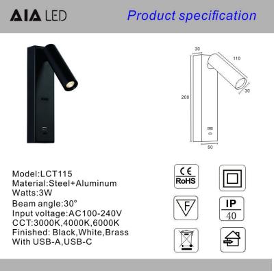 China Reading wall lighting bedside led wall lamp double USB-A type-C for villa hotel headboard wall light bracket light for sale