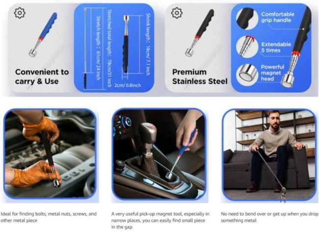 Magnetic Telescopic Pick-up Tool LED Light Strong Magnet Long Reach Stretchable
