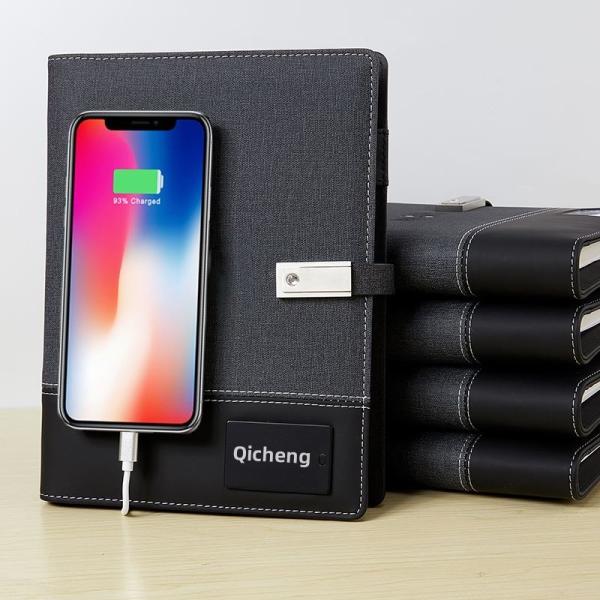 Quality 8000mAh Wireless Power Bank Notebook Leather Loose Leaf Binder with LED Light for sale