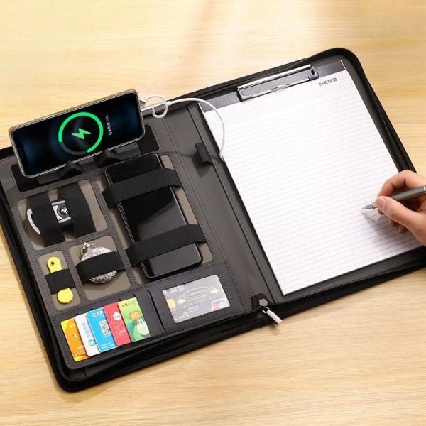 Quality A4 Leather Zipper Business Portfolio Folder Personalized 8000mAh Charging for sale