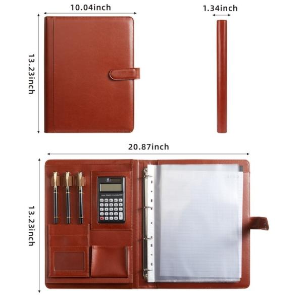 Quality Custom Printed A4 Leather Portfolio Binder Zipper Document Folders Multifunction for sale