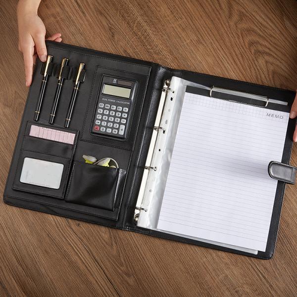 Quality Custom Printed A4 Leather Portfolio Binder Zipper Document Folders Multifunction for sale