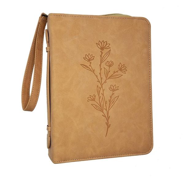 Quality Dustproof Genuine Leather Bible Case Bag With Hand Strap Floral Debossed Zipper for sale