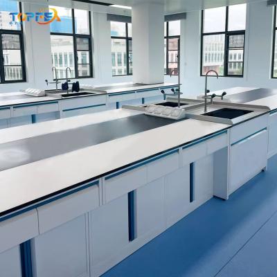 China Número personalizado de manijas y capacidad de carga de 200-250 Kg en banco isla de laboratorio de acero-madera para trabajos de laboratorio de alta resistencia en venta